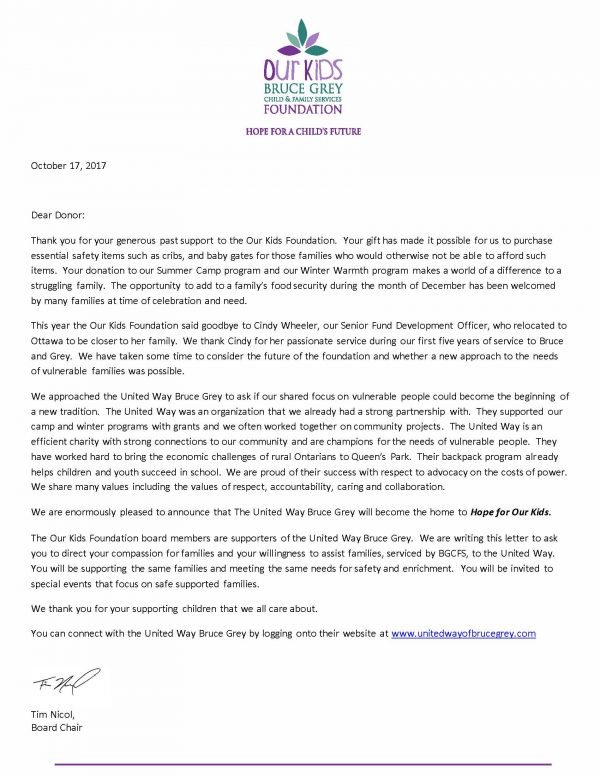 Our Kids Letter to Donors - United Way of Bruce Grey