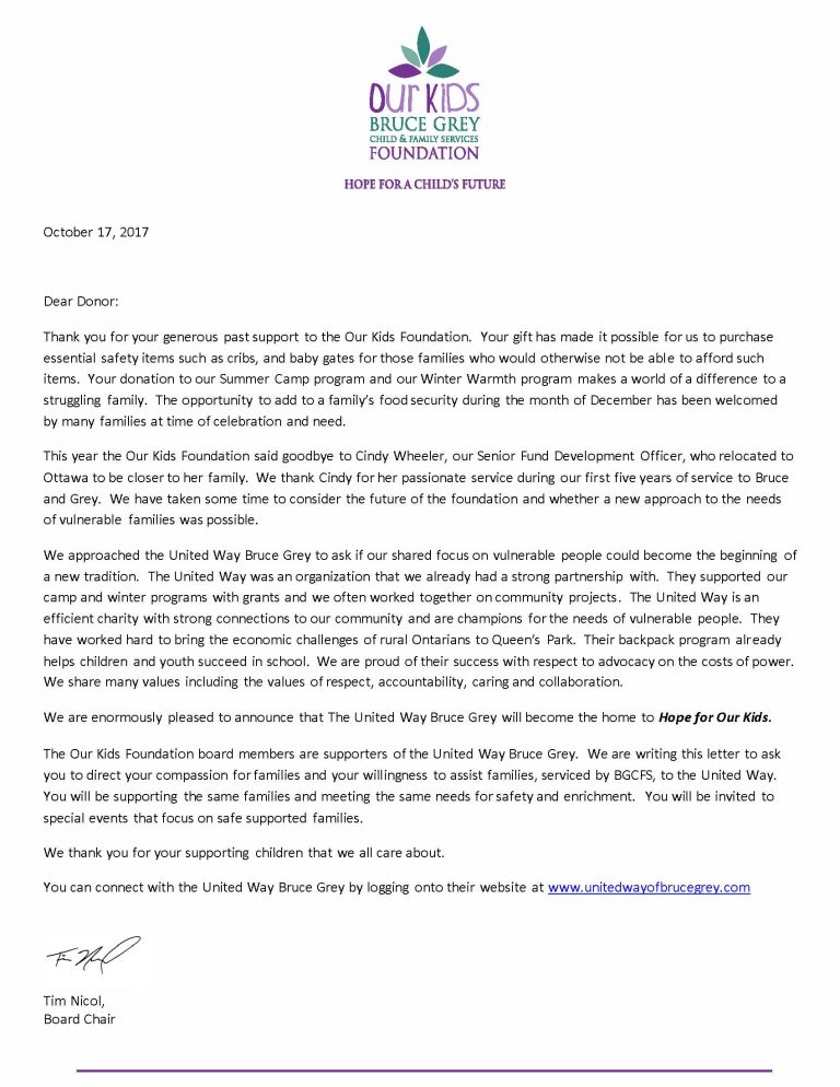 Our Kids Letter to Donors - United Way of Bruce Grey