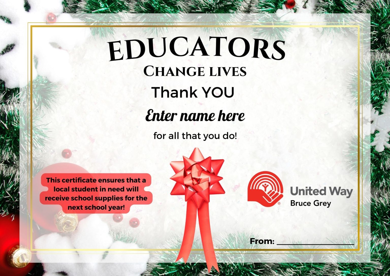 Thank an Educator- Holiday Edition 2024 - United Way of Bruce Grey